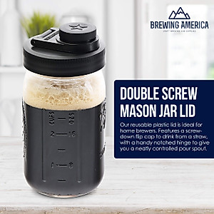 Brewing America Glass Mason Jar Pitcher with Lid - Ball Jar, 1 Quart (32 oz) with Black Wide Mouth Mason Jar Pour Lid, for Smoothie, Boba Cup, Sun Tea Jar, Cold Coffee Glass Tumbler, 1-Pack