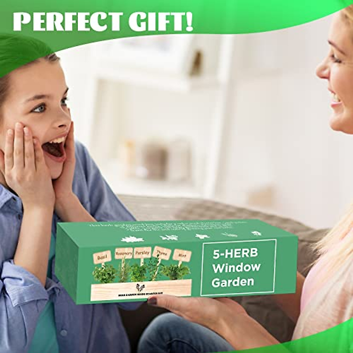 Indoor Herb Grow Kit, 5 Herb Seeds Garden Starter Kit with Complete Planting Kit & Wooden Flower Box, Growing into Basil, Parsley, Rosemary, Thyme, Mint for Kitchen Windowsill Herb Garden DIY