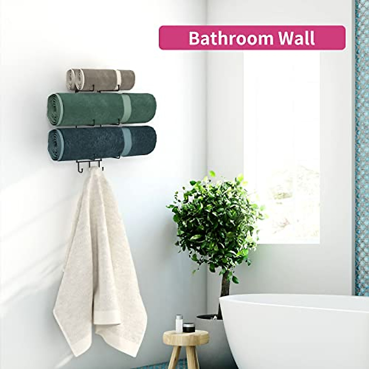 NPPLUS Largest Towel Rack for Bathroom, Towel Holder Wall Mounted with 3 Hooks for Hanging Towel Storage, Towel Organizer, Hand Towel Holder (Black)