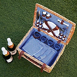 Wicker Picnic Basket Set for 4 Persons Portable Willow Hamper Large Capacity, Lightweight, Durable, and Washable Cotton Cloth Basket with Handle and Lid for Outdoor, Family, Camping (16 x 12 x 7.1in)