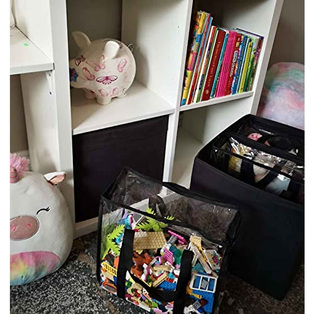 MiniOwls Bin and Chest Organizing Bags - Waterproof Clear Plastic Travelling Pouch. Storage for Toys, Kids Books, Balls, Blocks and Games (12x12 Set of 3)