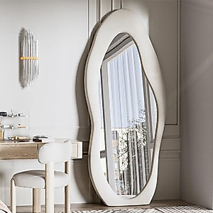 VooBang 63"x24" Irregular Mirror Full Length, Flannel Cloud Floor Mirror with Stand, Full Body Freely Standing Mirror for Bedroom, Living Room, Hanging or Against The Wall, White