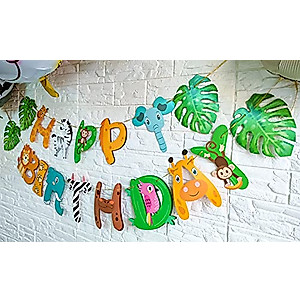 Safari Animal Happy Birthday Banner, Jungle Theme Party Decoration for Safari Zoo Forest Animal Party, Kids Wild One Birthday Baby Shower Supplies