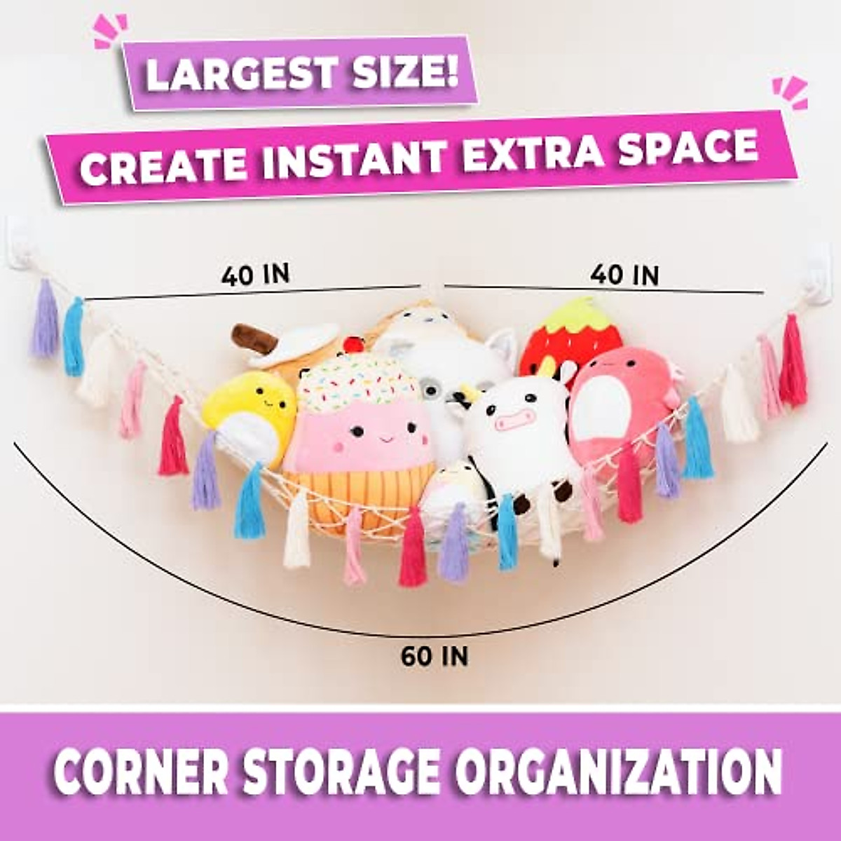 Familla Girls XL Toys & Stuffed Animal Hammock for Kids Room with LED String Light | Jumbo Toy Hammock Organizer | Corner Toy Net for Stuffed Animals & Plushie Storage | Macrame Plush Animal Net Toy Storage