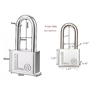 Padlock 40mm Long Beam Gym Locker Lock Keyed Padlocks,Stainless Padlock with 4 Keys，Stainless Lock with Key Padlock,Suitable for Gym Locker Lock,toolboxes,Doors, Fence,(Silver)