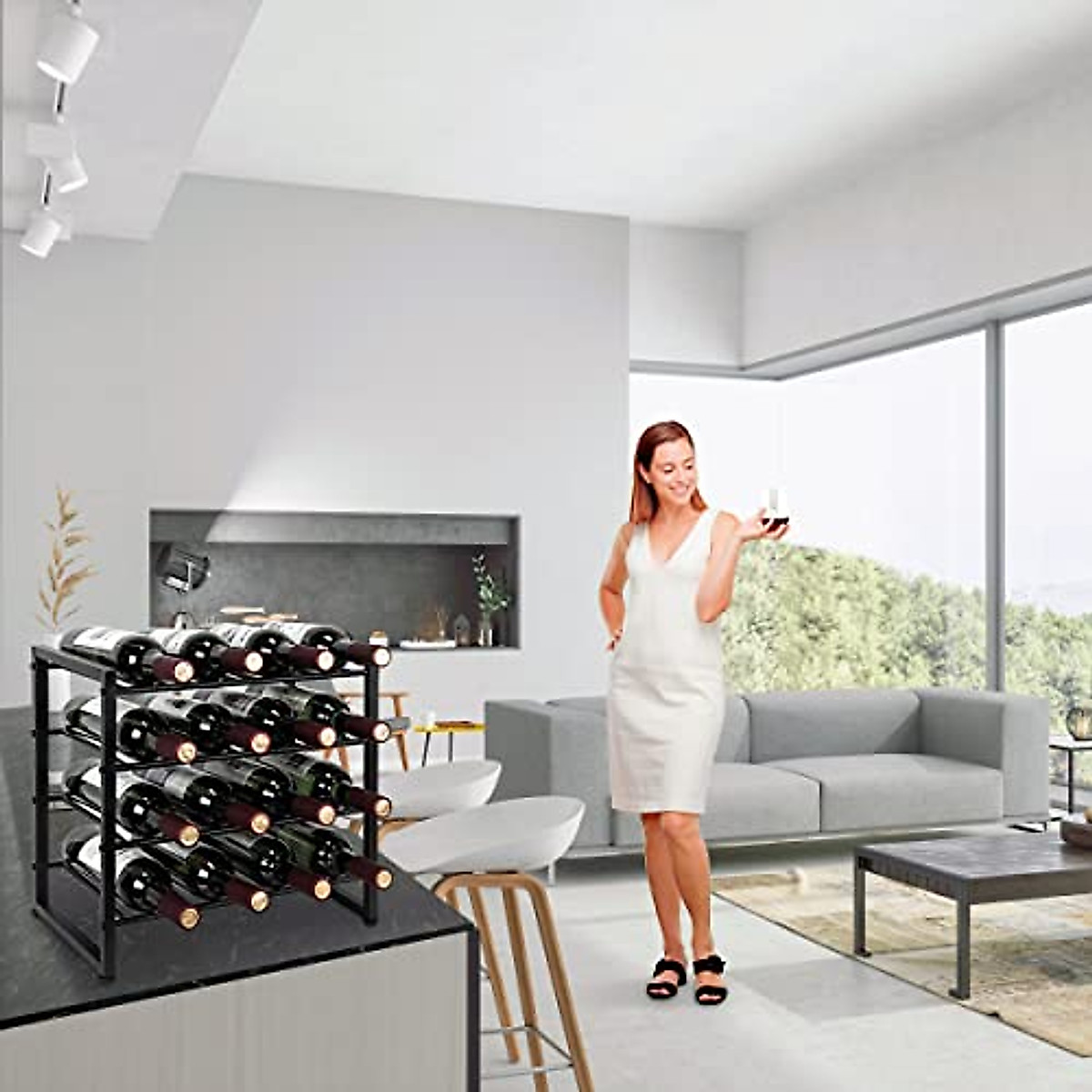 Wine Rack Freestanding 16 Bottle 4 Tier Display Storage Wine Rack for Countertop Cabinet Wine Holder Wine Shelf for Kitchen, Bar, Pantry, Wine Cellar, Basement (Metal)