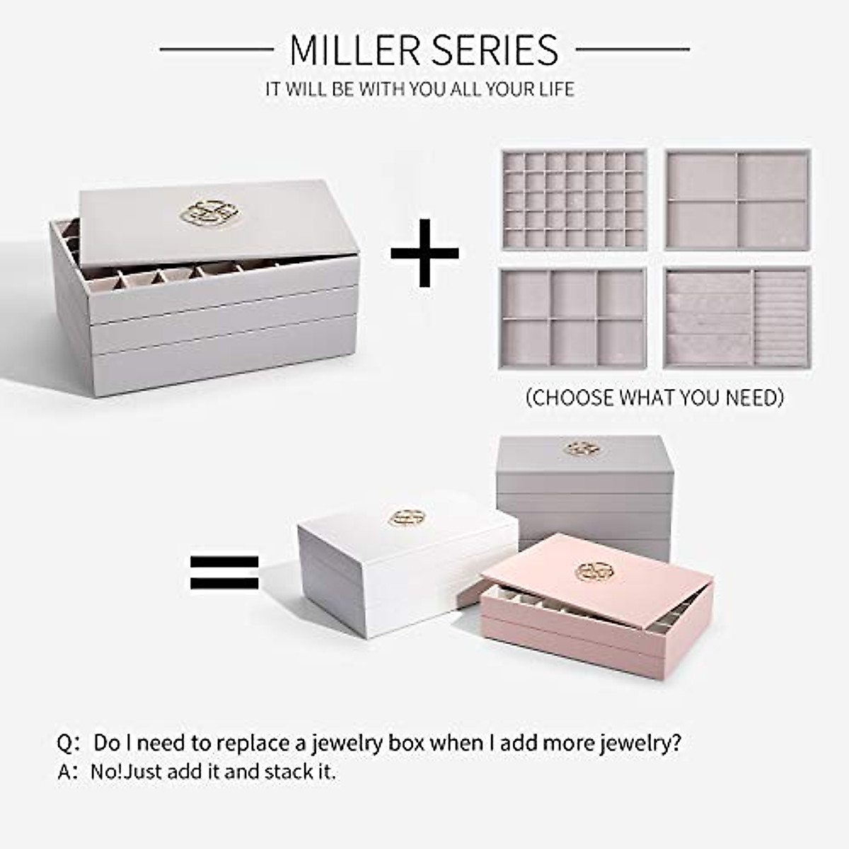 Vlando Miller Jewelry Tray-Six compartment,Multiple Color Combinations, Large Capacity Multi-Layer Design and Fashion(Grey)