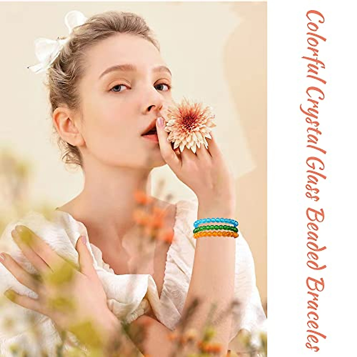 MOZAKA 24Pcs 6mm Beaded Stretch Bracelets Multicolor Glass Crystal Beaded Bracelets Set for Women Handmade Round Glass Beads Elastic Bracelets Jewelry Gifts