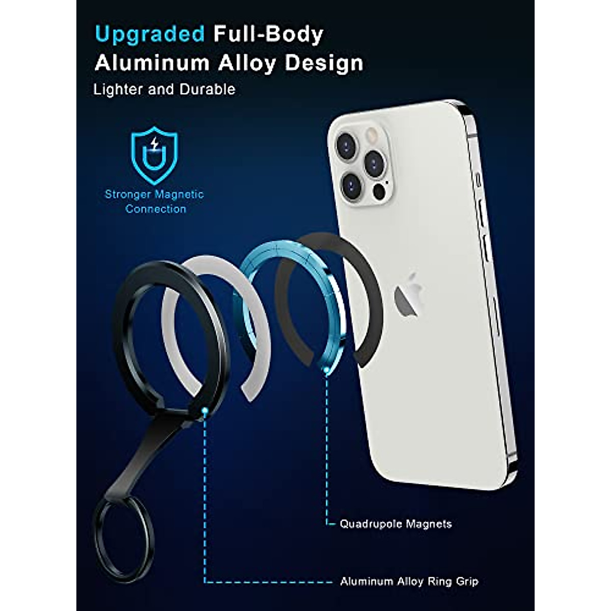 Magnetic Phone Ring Holder with MagSafe, SUPERONE [Aluminum Alloy] 2-in-1 Magnetic Phone Grip with Adjustable Stand, Compatible with iPhone 14/13/12, Pro, Pro Max, Mini, Black