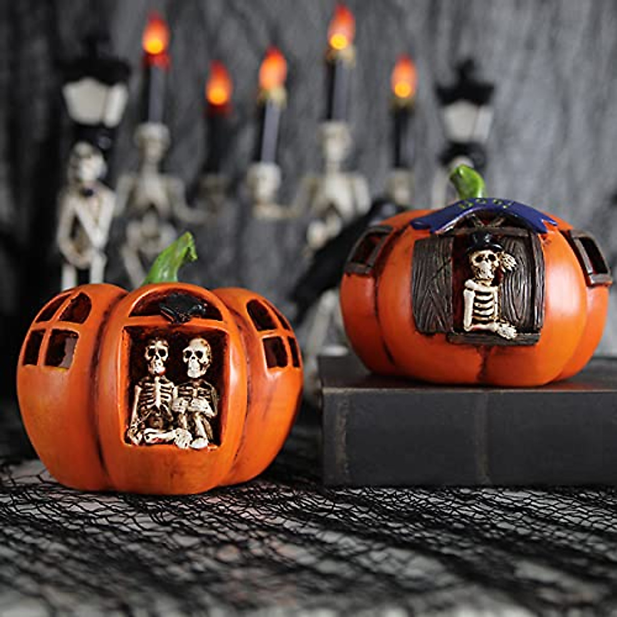 Halloween Resin Pumpkin Lanterns, Desktop Led Skull Lights, Outdoor and Indoor Holiday Party Decorations, Garden, Garden and Terrace Home Decoration (2 Pieces)