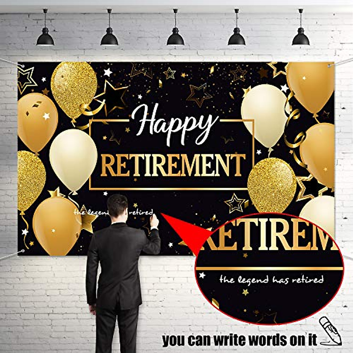 Happy Retirement Party Decorations, Extra Large Fabric Black and Gold Happy Retirement Sign Banner Photo Booth Backdrop Background with Rope for Retirement Party Favor, 70.8 x 43.3 Inch