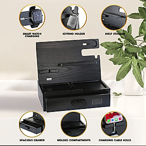 Kayjax Wood Phone Docking Station for Men & Women with Drawer - Mens Organizer Dad Husbands Anniversary Birthday Gifts Organizers Watch, Wallet, Keys, Cellphone