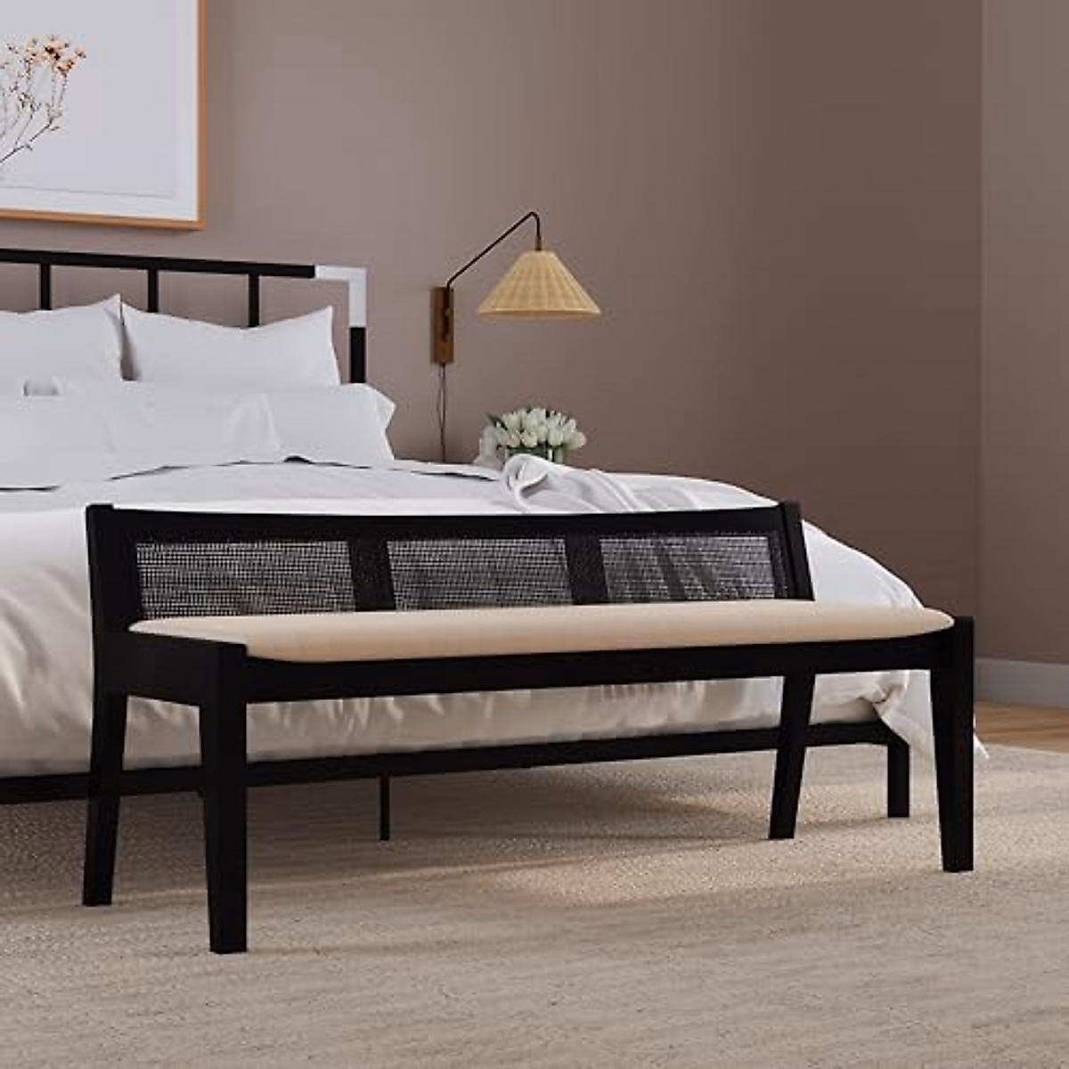 Powell Kasi Black Low Back Cane Bench with Beige Upholstered Seat