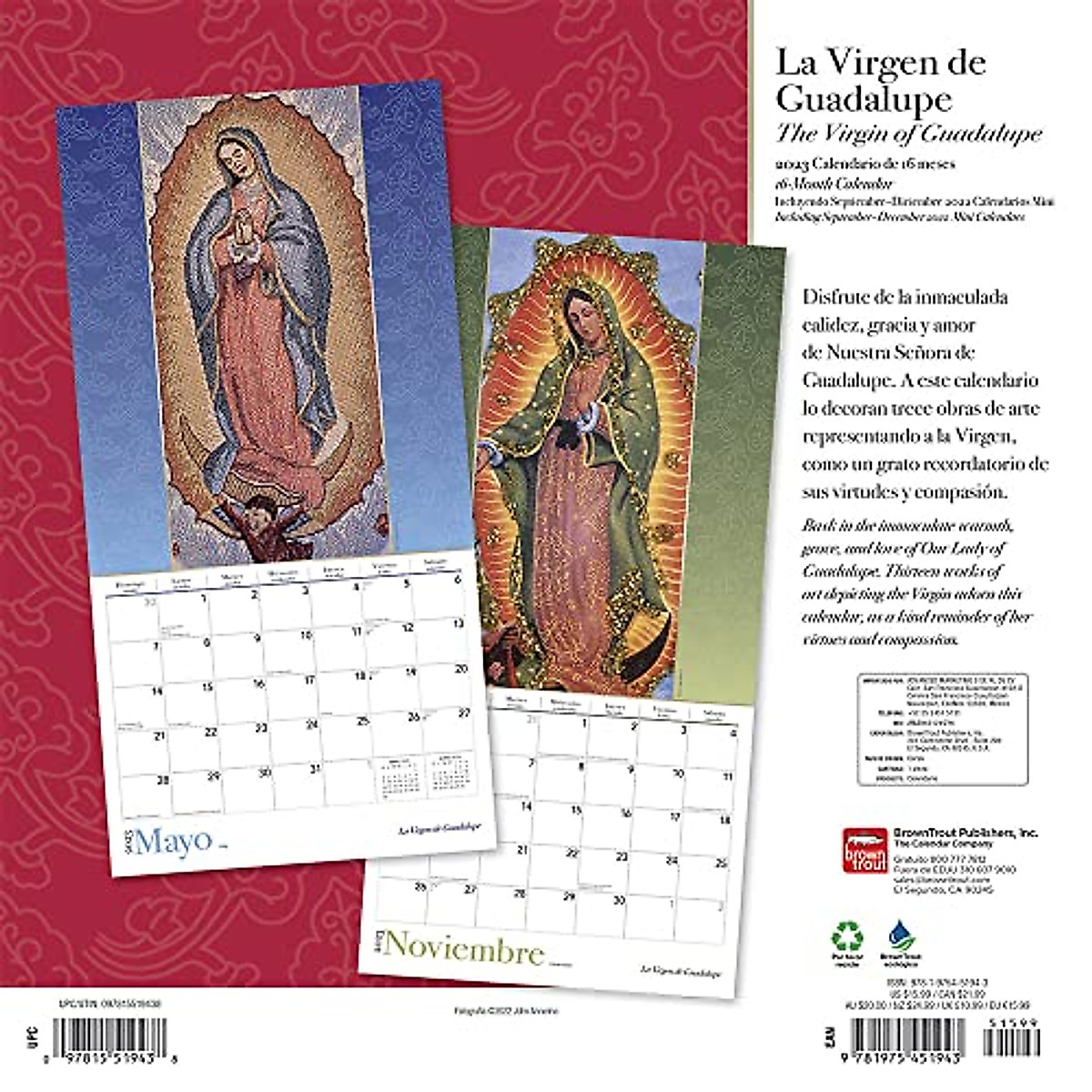 La Virgen de Guadalupe | 2023 12 x 24 Inch Monthly Square Wall Calendar | Foil Stamped Cover | English/Spanish Bilingual | BrownTrout | Virgin Mexico City