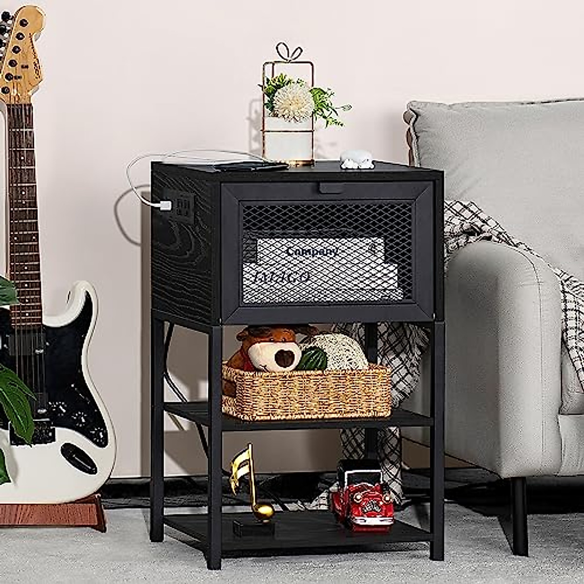 LEBOAHOUS Nightstand with Charging Station and USB Port, 3 Tier Industrial Night Stand, Bedside Table with Flip Storage Drawer and Open Shelf, End Side Table for Bedroom, Office, Dorm 26.2''H (Black)