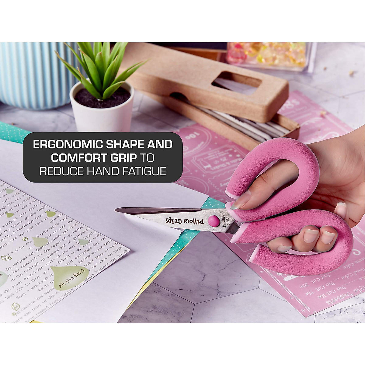 It's Academic Pillow Grip Scissors with Comfortable Handles, Blunt Tip, 8-inch Length, Perfect For Classroom Use, Pink