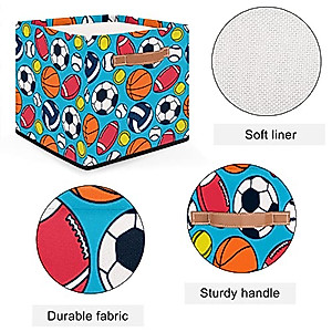 Cube Storage Organizer Bins 13x13 Sport Ball Blue Fabric Storage Cubes Bin Foldable Baskets Square Box with Dual Plastic Handles for Shelf Nursery Cabinet Clothes Toys