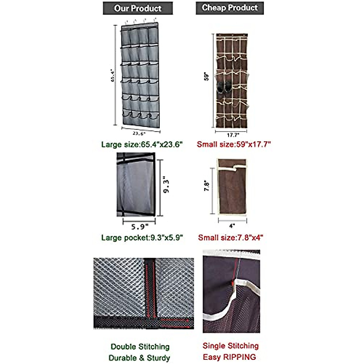 Over The Door Hanging Shoe Organizer 24 Extra Large Mesh Pockets Hanging Shoe Rack Holders for Closet Storage Men Sneakers,High Heeled Shoes,Double Stitching with 4 Metal Hooks,Gray 65.4"X23.6"