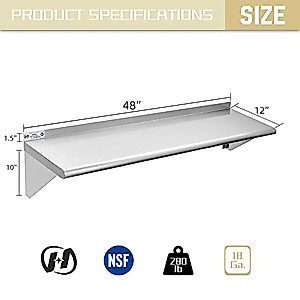 Hally Stainless Steel Shelf 12 x 48 Inches 280 lb, NSF Commercial Wall Mount Floating Shelving for Restaurant, Kitchen, Home and Hotel