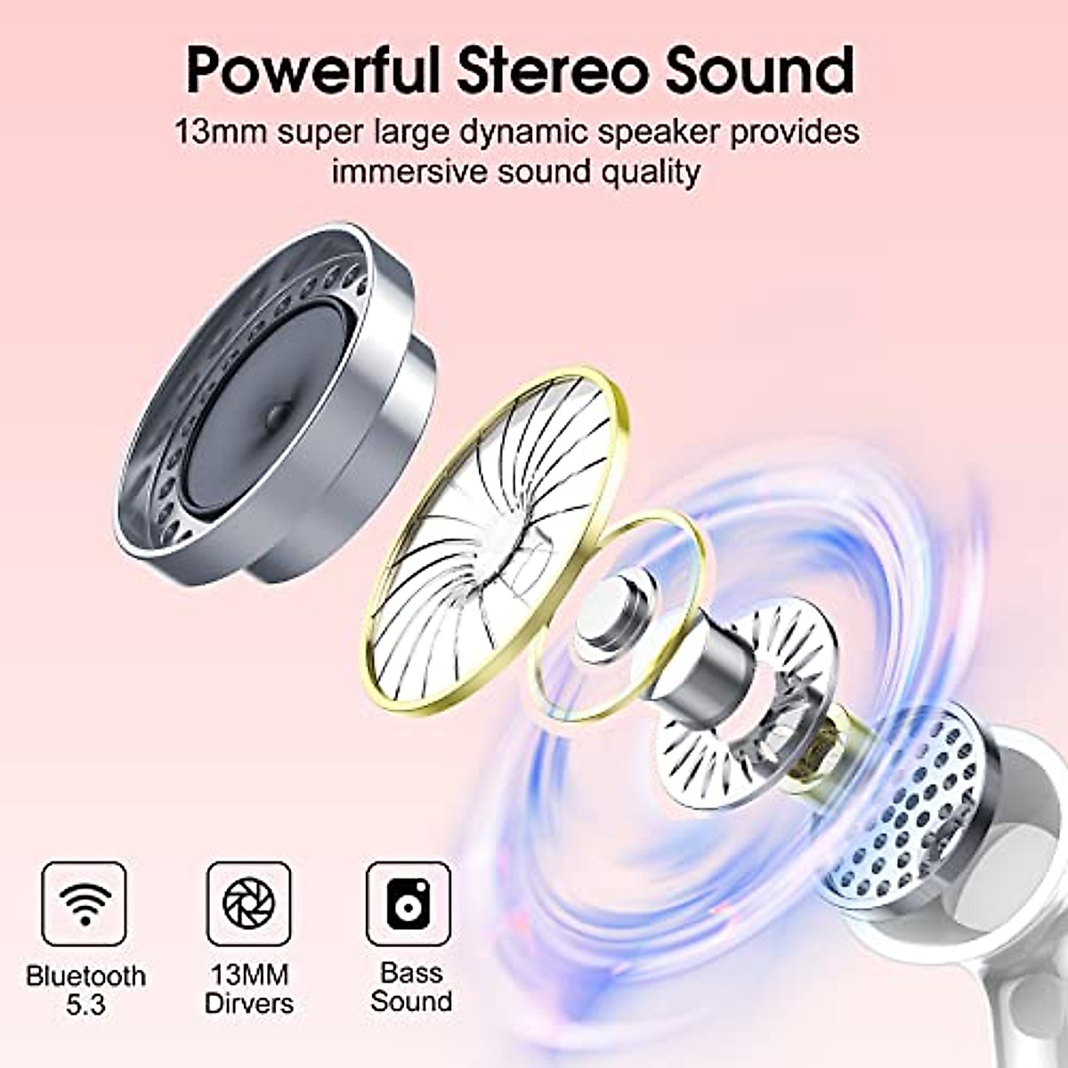 Wireless Earbuds, 2023 Bluetooth Headphones 5.3 HiFi Stereo Earphones, 40H Playtime Dual Mic Call in-Ear Earbud, Bluetooth Earbud with Dual Mic Call, IP7 Waterproof Earphones Sport Headset for iOS