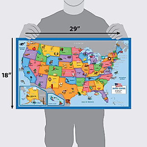 2 Pack - USA Map for Kids [Illustrated] + Cursive ABC Alphabet Poster (LAMINATED, 18" x 29")