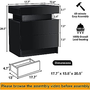 HOMMPA LED Nightstand Black Nightstand with Led Lights Modern Night Stand with 2 High Gloss Drawers Led Bedside Table Smart Nightstand for Bedroom 20.5” Tall