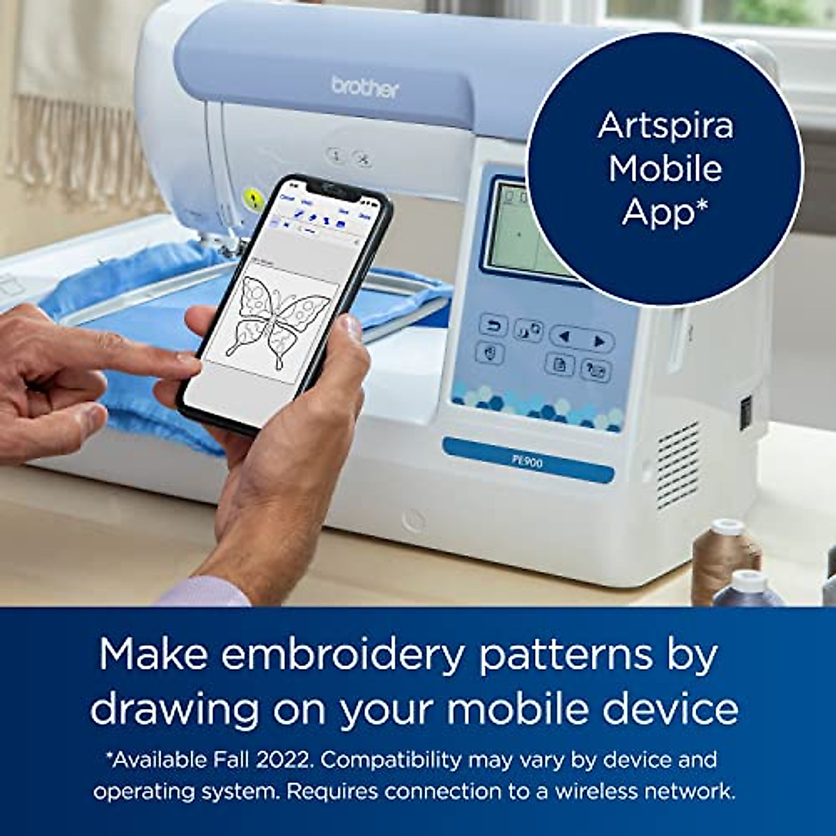 Brother New Model PE900 Embroidery Machine, Wireless LAN Connected, 193 Built-in Designs, 5" x 7" Hoop Area, Large 3.7" LCD Touchscreen, USB Port, 13 Font Styles, White