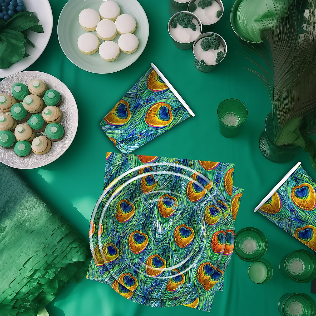 Xenorik Peacock Feather Party Decorations Tableware - Peacock Birthday Party Supplies, Plate, Cup, Napkin, Cutlery, Zoo Bird Peacock Theme Table Decorations For Bridal Baby Shower Wedding | Serve 24