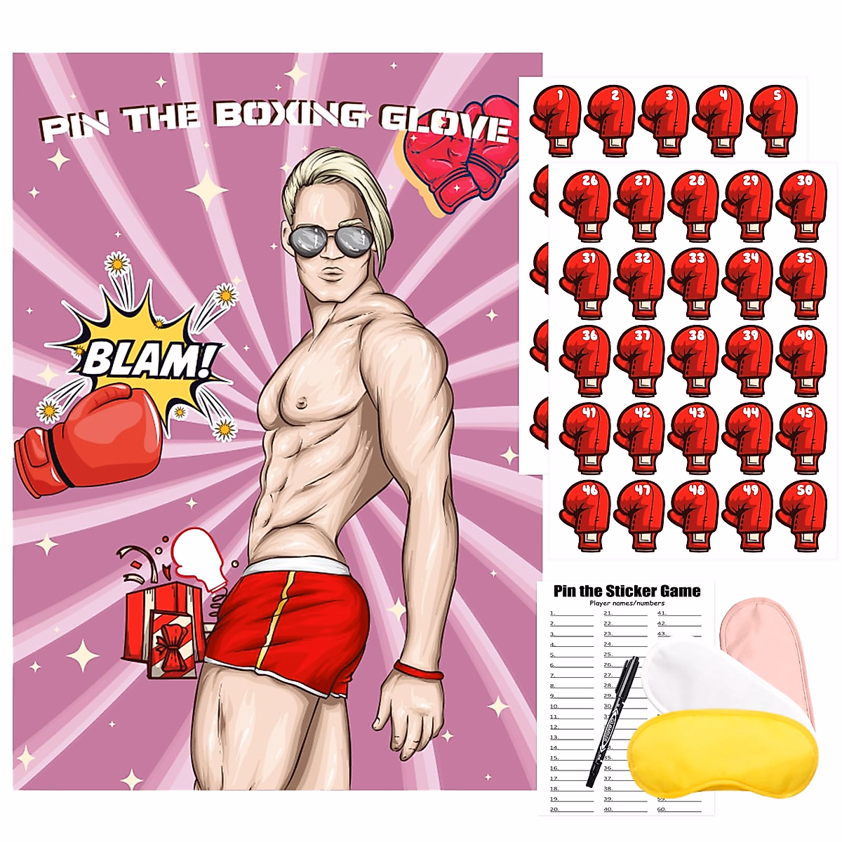 Bachelorette Party Games Pin the Sticker on The Hunk Games with 50 Boxing Glove Stickers for Bridal Shower Games Engagement Bachelorette Wedding Shower Funny Girls Night Games