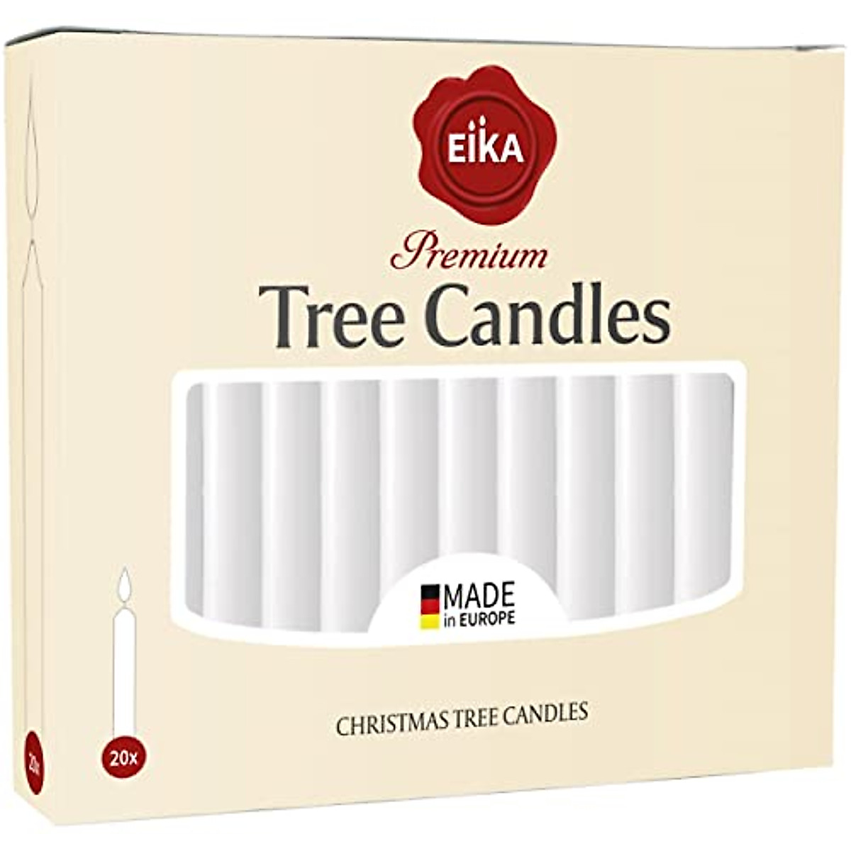 Eika Premium Christmas Tree Candles - Set of 20 Traditional Christmas Wax Candles for Pyramids, Carousels & Chimes - Made in Europe - Solid Colored - White