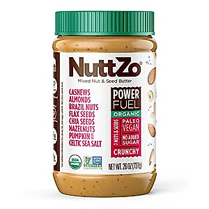 Organic Power Fuel Crunchy Nut Butter by NuttZo | 7 Nuts & Seeds Blend, Paleo, Non-GMO, Gluten-Free, Vegan, Kosher | 1g Sugar, 6g Protein | 26oz Jar
