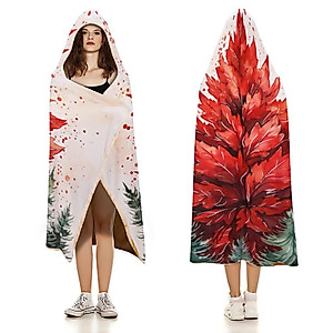 Women Men Hooded Blanket Red Watercolor Christmas TreeFleece Wearable Soft BlanketWinter Holiday Hooded Blankets for Kids Men Women for Home Couch Bed And Sofa 60"x80" Spring Summer Blanket Hoodie