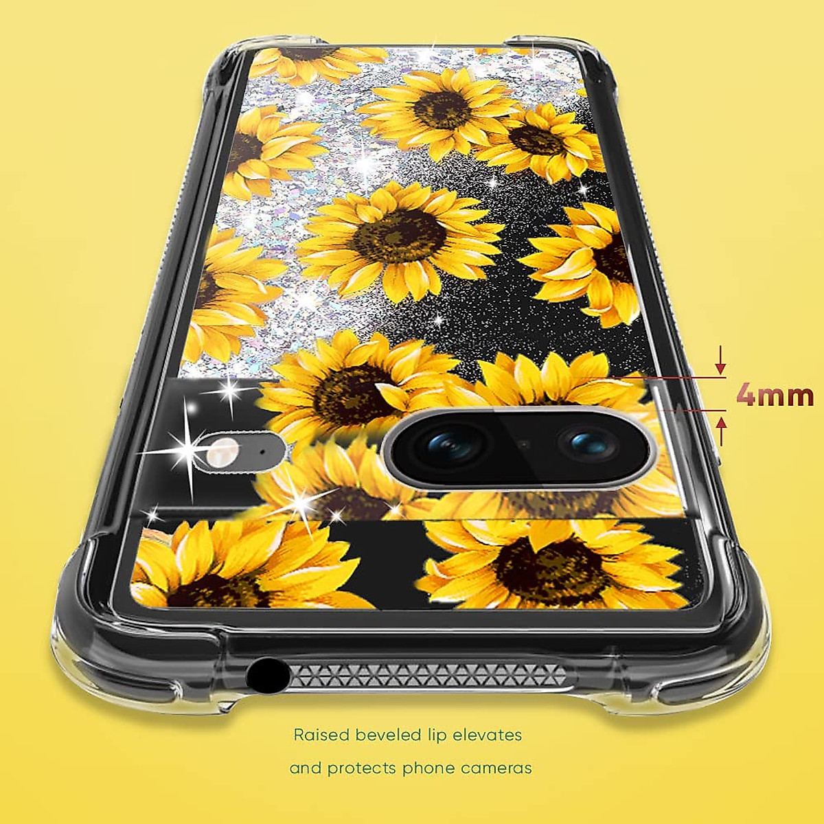Miss Arts for Pixel 7 Case,Girls Women Flowing Liquid Holographic Holo Glitter Shock Proof Case with Floral Design Bling Diamond Bumper for Google Pixel 7 -Sunflower