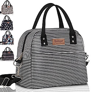 HOMESPON Reusable Insulated Lunch Bag Cooler Tote Box with Front Pocket Zipper Closure for Woman Man Work Picnic or Travel(Black and White Stripe with Shoulder)
