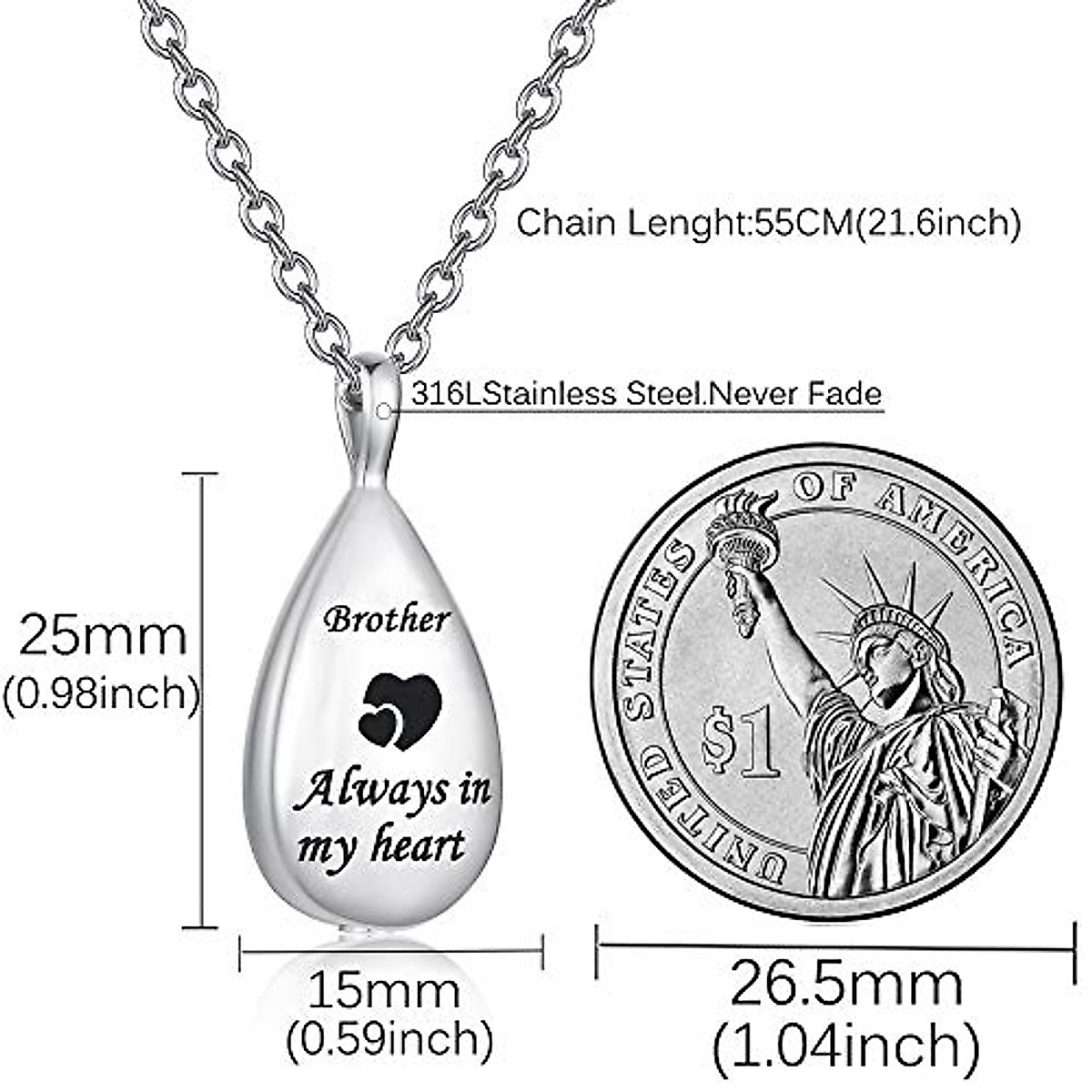 GLDZ Cremation Jewelry for Ashes,Always in My Heart Carved Necklace Stainless Steel Waterproof Pendant for mom & dad with Filling Kit (Brother)
