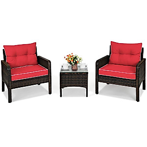 COSTWAY 3PCS Patio Furniture Set, Outdoor Wicker Cushioned Sofa Set with Coffee Table, All Weather Rattan Conversation Set for Garden Balcony Backyard Poolside Lawn, Red