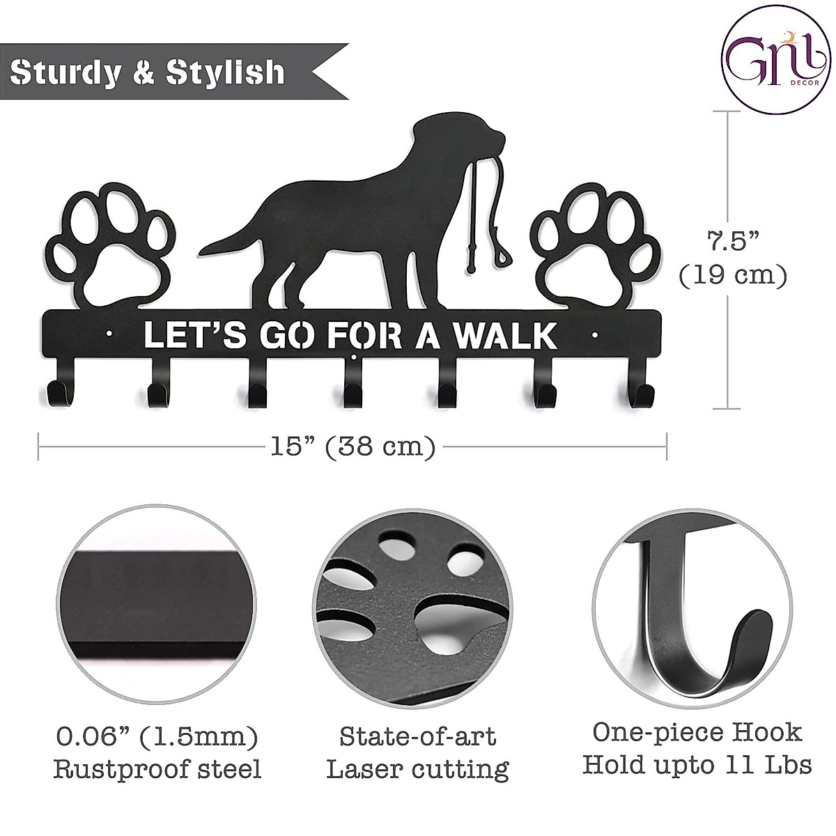 Dog Leash Holder for Wall - Leash Holder Wall Mount 15"x8" - Key Holder for Wall Decorative - Key Rack Gift for Dog Lovers - Dog Leash Hooks for Wall - Dog Mom Gifts for Women