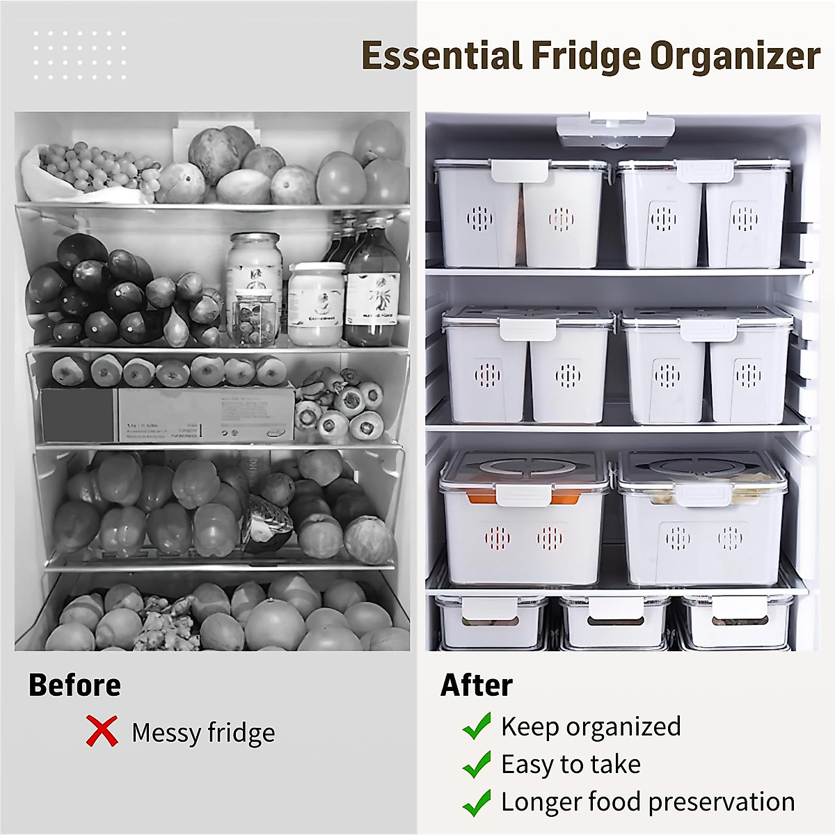 Lnrueg Airtight Fresh Produce Containers for Fridge - 4 Compartments with Handle, Berry Containers for Fridge, BPA-Free Fresh Produce Saver & Refrigerator Organizer Bins