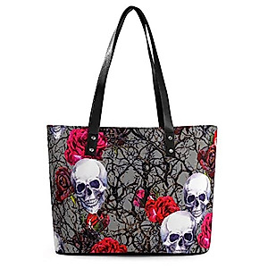 Womens Handbag Skulls Rose Flowers Leather Tote Bag Top Handle Satchel Bags For Lady