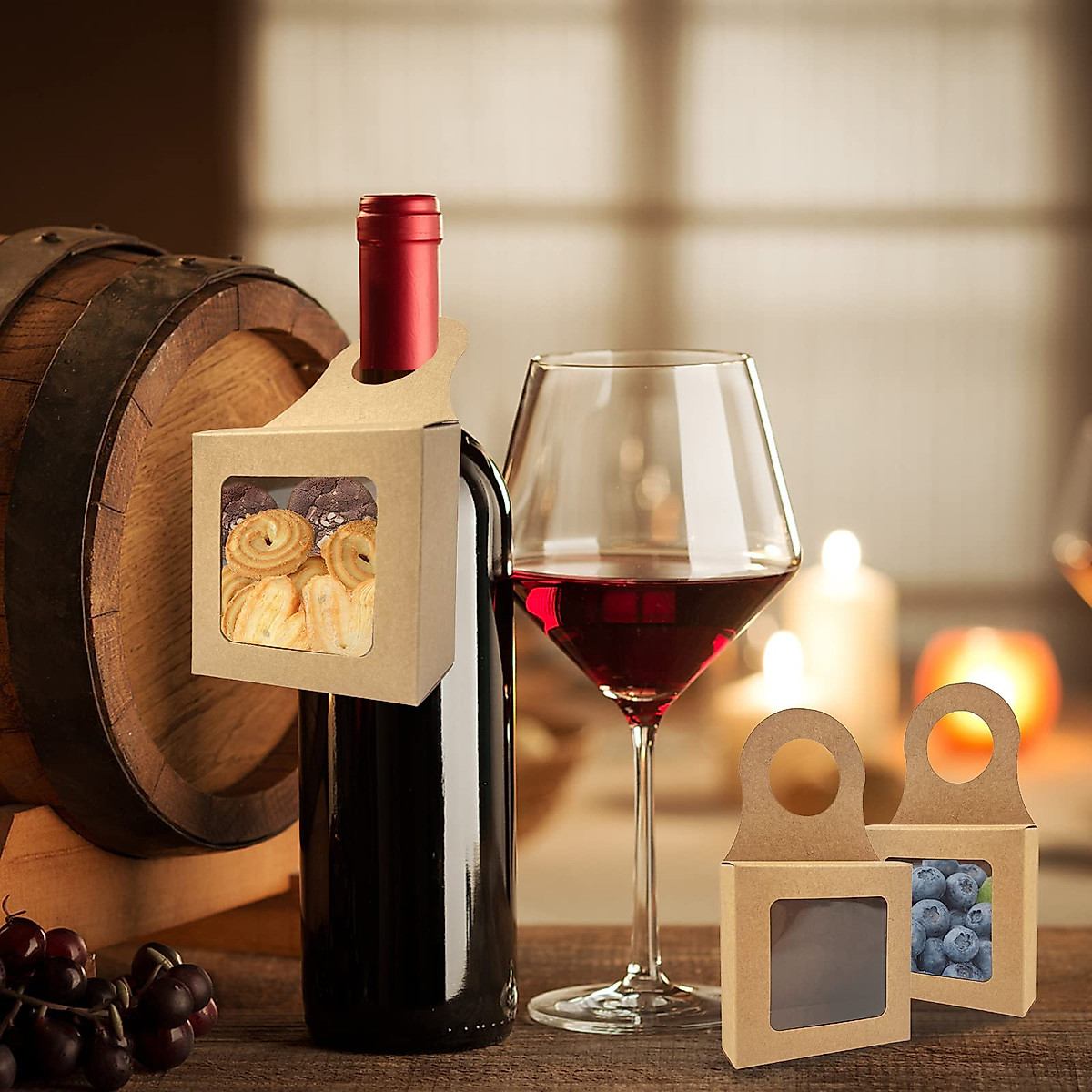 30 Count Kraft Paper Wine Bottle Box, Foldable Hanging Wine Boxes Gift Boxes with Window for Decoration Bottle Hanger Favor Box