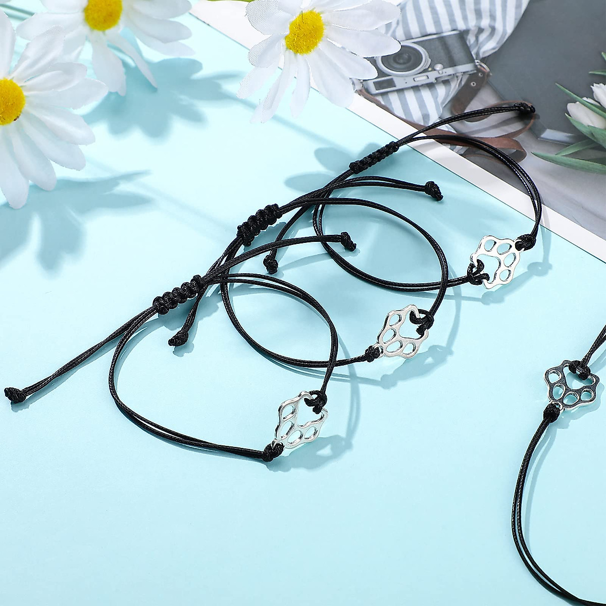 Junkin 10 Pieces Paw Print Bracelets Vet Tech Week Gifts for Women Men Teens Handmade Adjustable Strings Stainless Steel Dog Cat Paw Print Bracelets Family Friend Couple Jewelry Christmas Gift (Black)