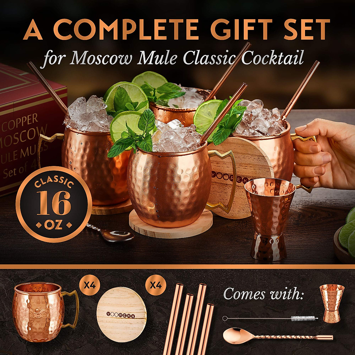 Yooreka Gift Set Moscow Mule Mugs Set Of 4 16 oz Solid Cooper, 100% Pure Copper Cups HANDCRAFTED,BONUS 4 Straws, 4 Wood Coasters, Stirring Spoon, Cleaning brush and Jigger (Round)