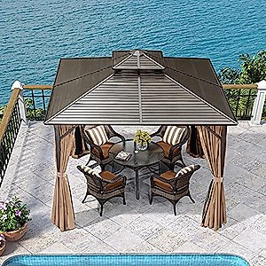 SUN RDPP Outdoor Hardtop Gazebo, Galvanized Steel Double Vented Roof Pergolas Aluminum Frame with Netting and Curtains, for Patios