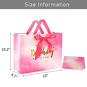 Nihuecne 13" Large Birthday Gift Bag with Card and Tissue Paper, Big Pink and Gold Birthday Wrap Paper Gift Bag with Satin Ribbon Handles for Girls and Women's Birthday Party