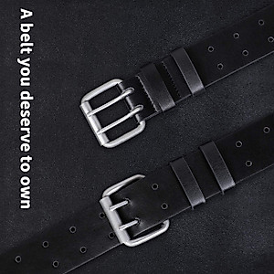 VONMELLI Double Prong Leather Belt Heavy Duty Belt for Men, Double Grommet Holes Belt for Pants A-black