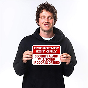 Sigo Signs, Emergency Exit Only Sign, Security Alarm Will Sound If Door Opened Sign, 10x7 Inches, 4 Mil Vinyl Decal Stickers Weather Resistant UV Protected, Made in USA