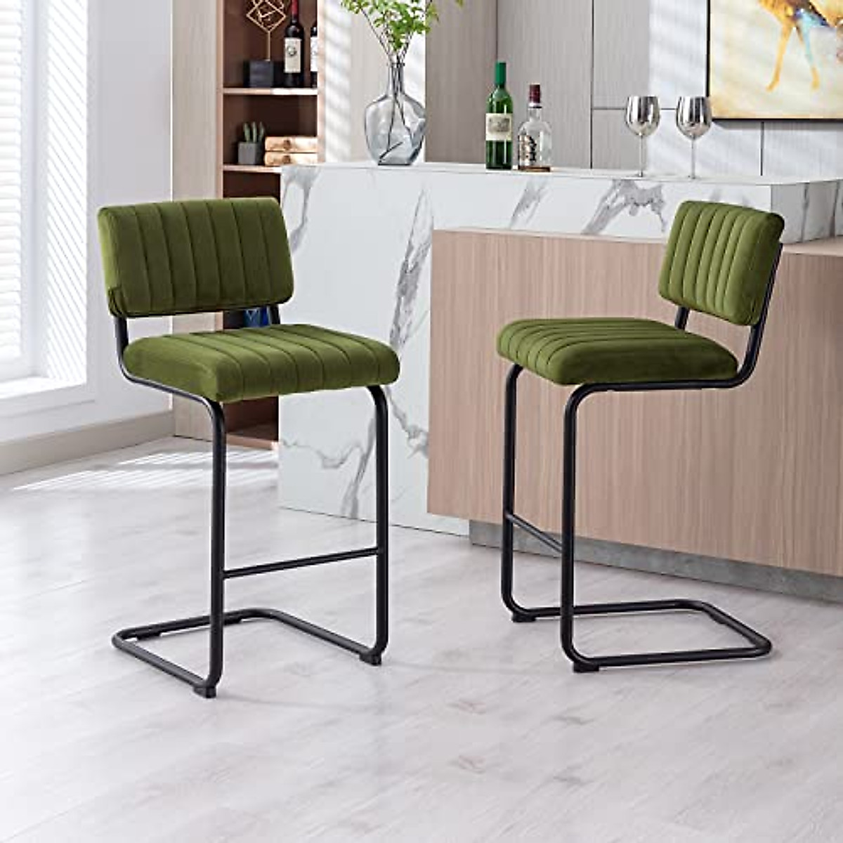 ONEVOG Modern Counter Height Stools with Velvet Backrest, 24Inch Solid Metal Legs Bar Stool Set of 2, Barstools for Kitchen Dining Party, Sturdy Bar Chairs (Green)