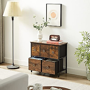 VECELO Bedroom with 5 Chest of Drawers for Living Room, Nursery, Entryway, Fabric Furniture Clothes Storage Tower with Steel, Wood Top, Small Dresser, Brown