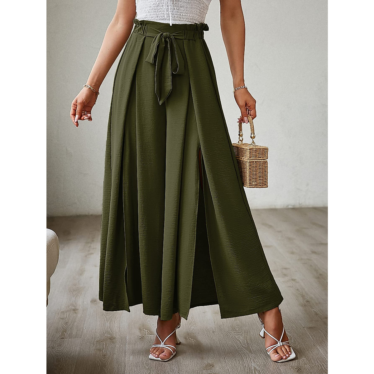 Simplee Women's Pants Printed Palazzo Lounge Wide Leg Casual Flowy Pants with Pockets（XL Olive Green）