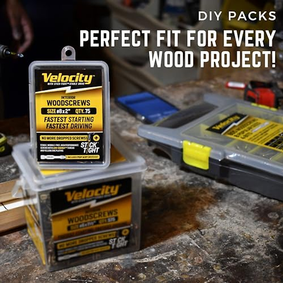 Velocity Interior 1 1/2 Inch Wood Screws DIY Pack (Size #6, 200 Pcs) – Zinc and Yellow Coating, Stick-Tight Technology, Screw for Wood Working with PSD ACR Driver Bit